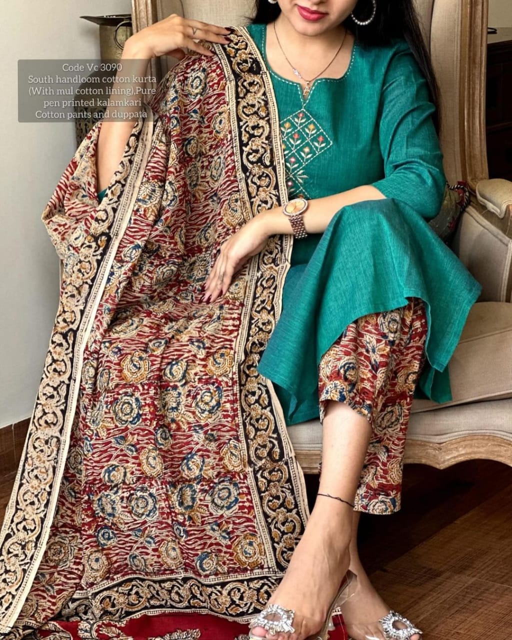 Pure Handloom South Cotton Hand Printed Chitrkari Dupatta And Pant – Libas India Co